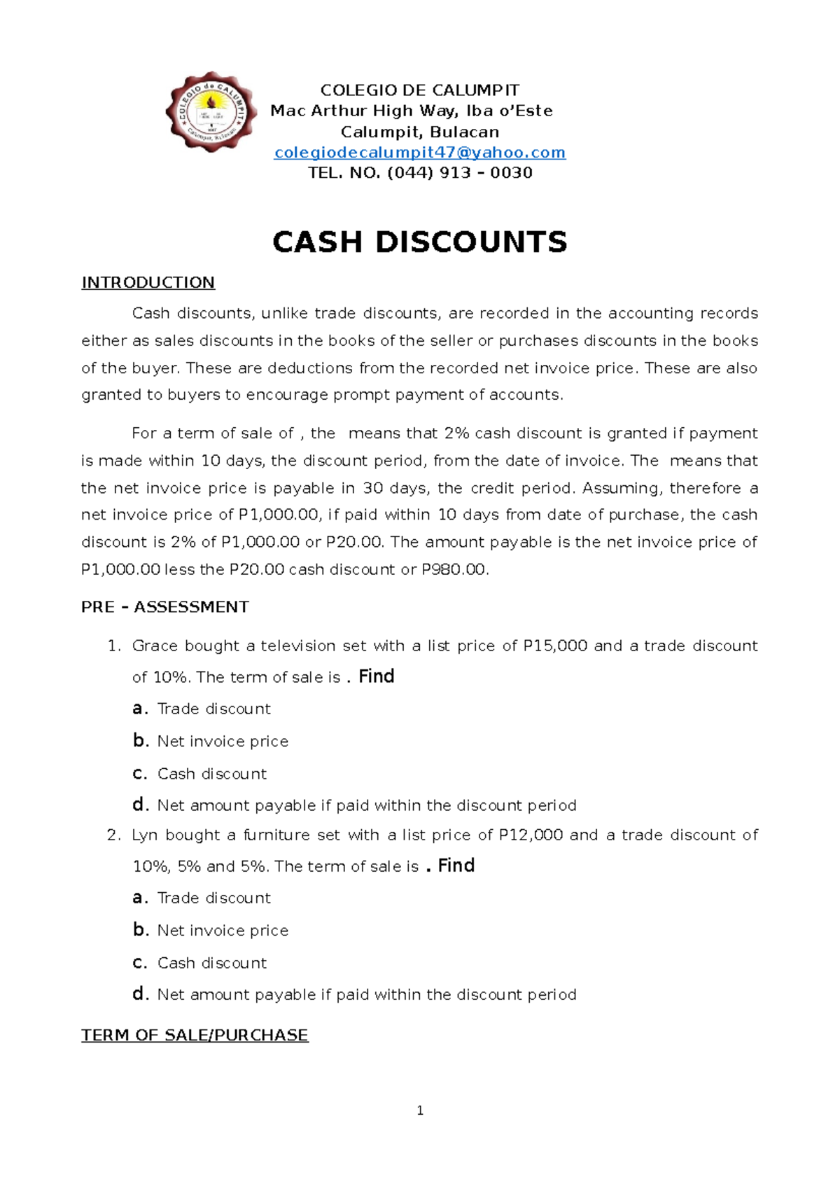 Module 7: Understanding Cash Discounts in Business Mathematics - Studocu