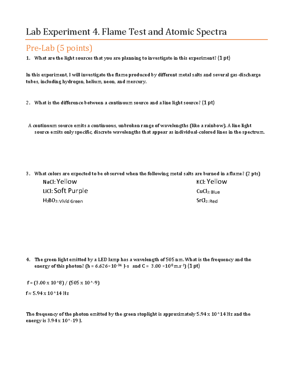 Lab Experiment 4: Flame Test & Atomic Spectra Pre-Lab Notes - Studocu