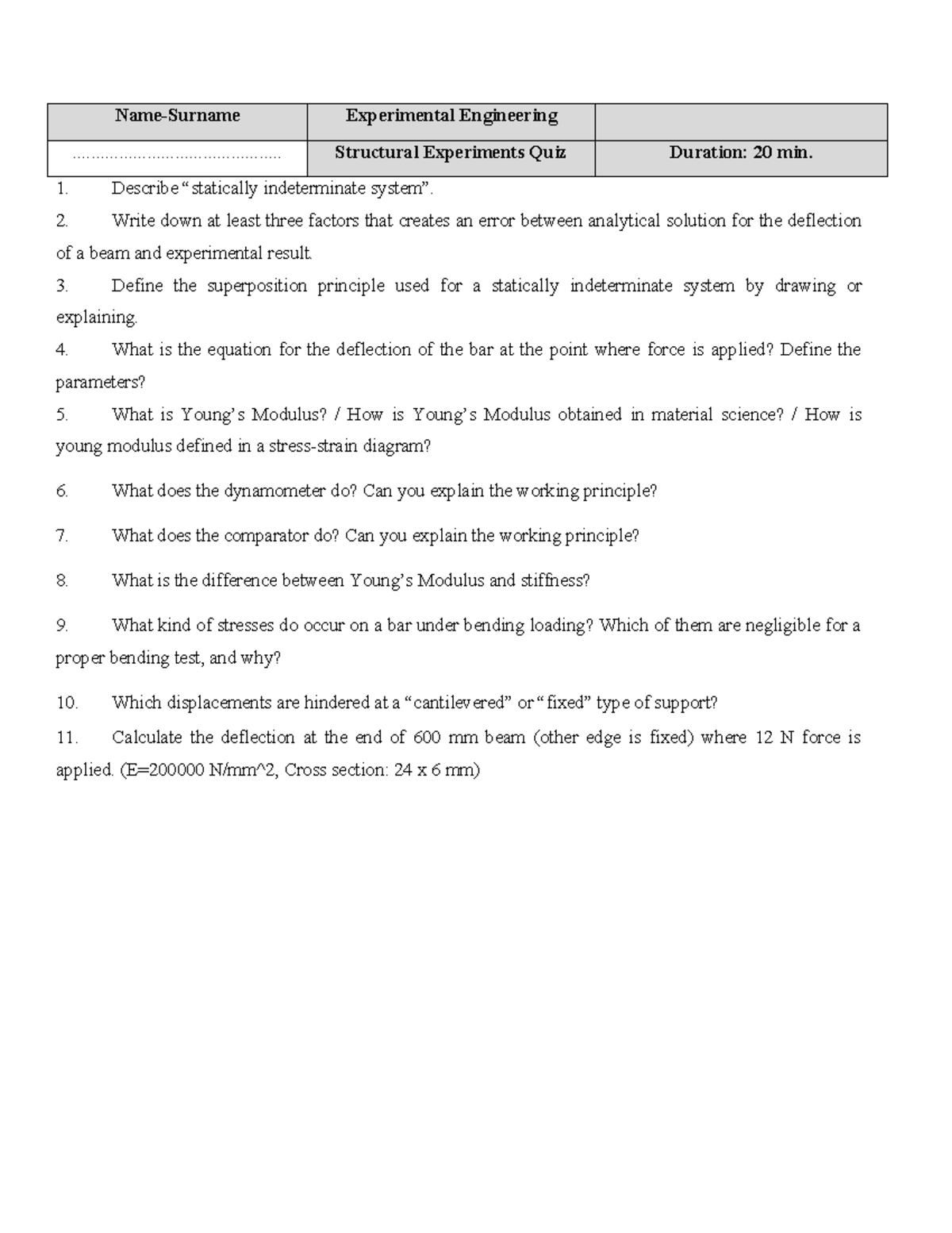 Experimental Engineering - Structural Experiments Quiz (QPool-Bending ...