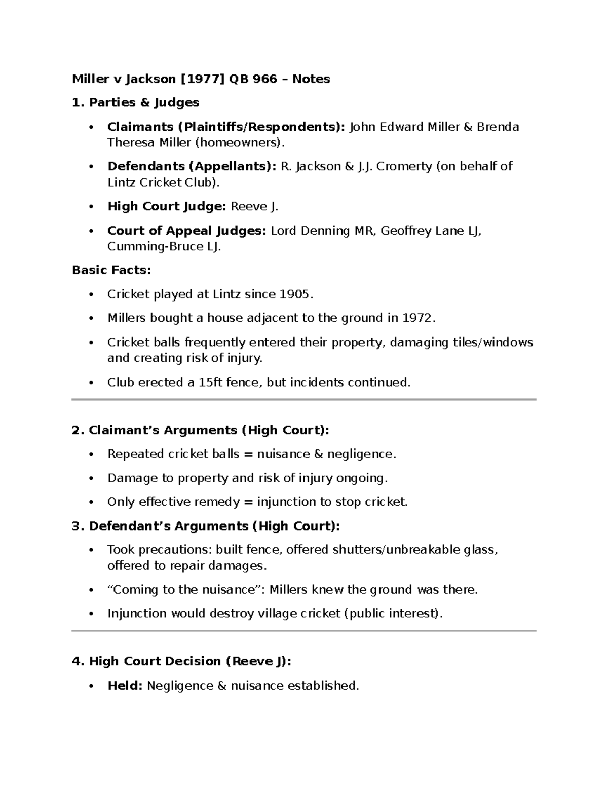 Miller v Jackson [1977] QB 966 Case Notes on Nuisance & Negligence ...