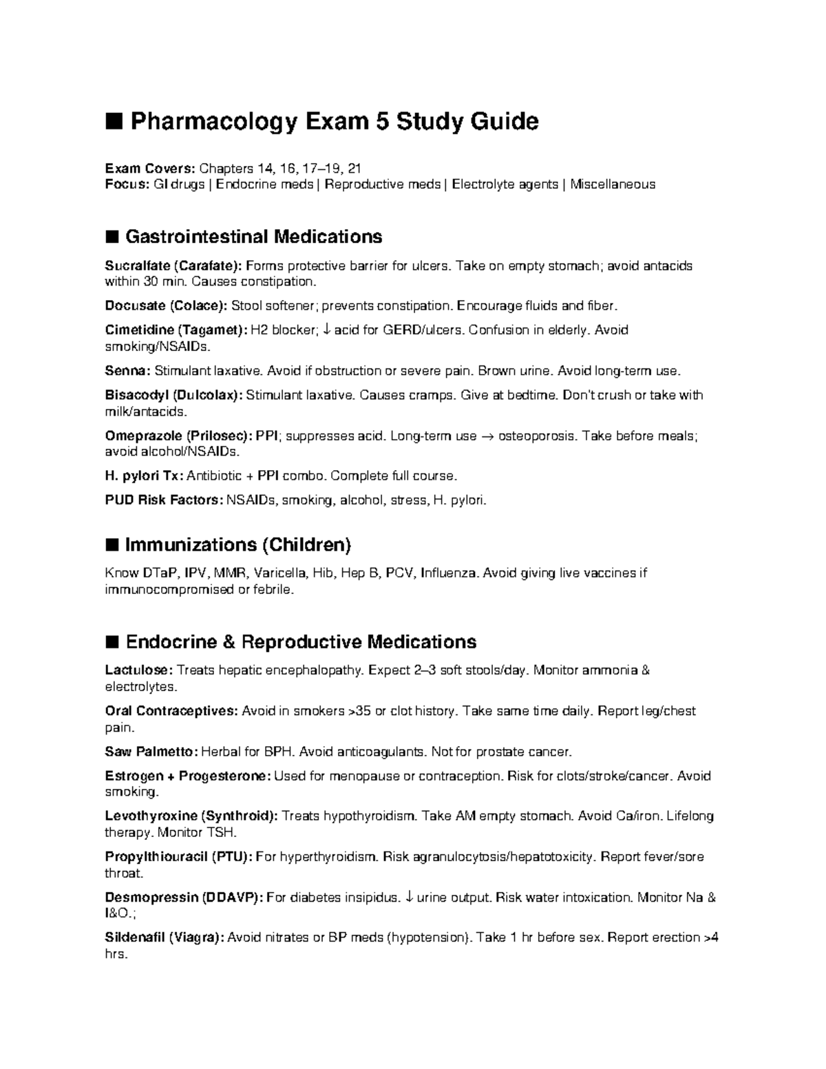 Pharmacology Exam 5 Study Guide: GI, Endocrine & Reproductive Meds ...