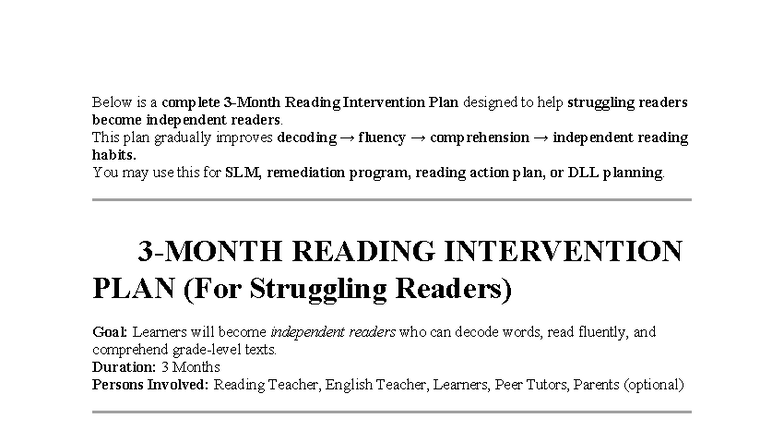 SLM Reading Intervention Plan for Struggling Readers - Studocu