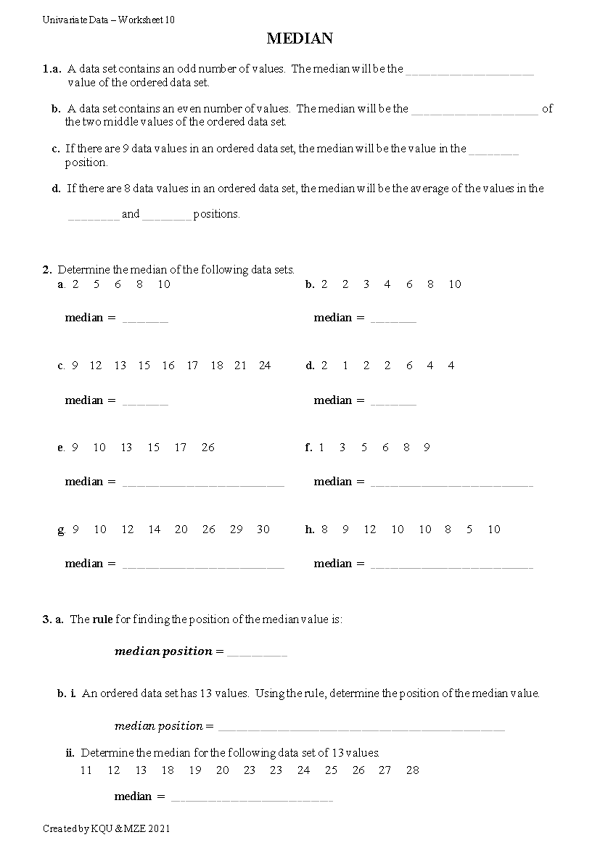 Univariate Data Worksheets 10-23: Median Calculations and Analysis ...