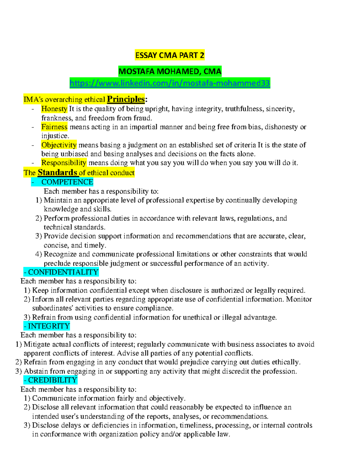 CMA PART 2 Essay: Ethical Principles and Financial Concepts by Mostafa ...