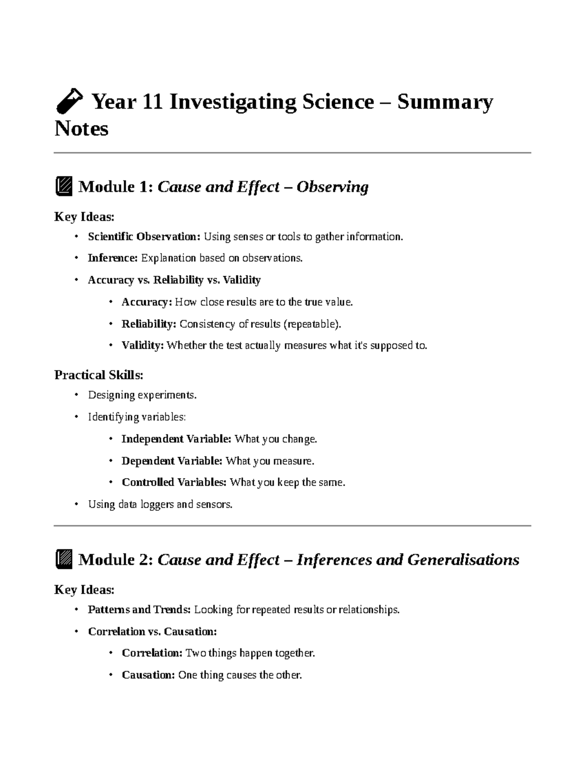Year 11 Investigating Science Summary Notes: Modules 1-4 Insights - Studocu