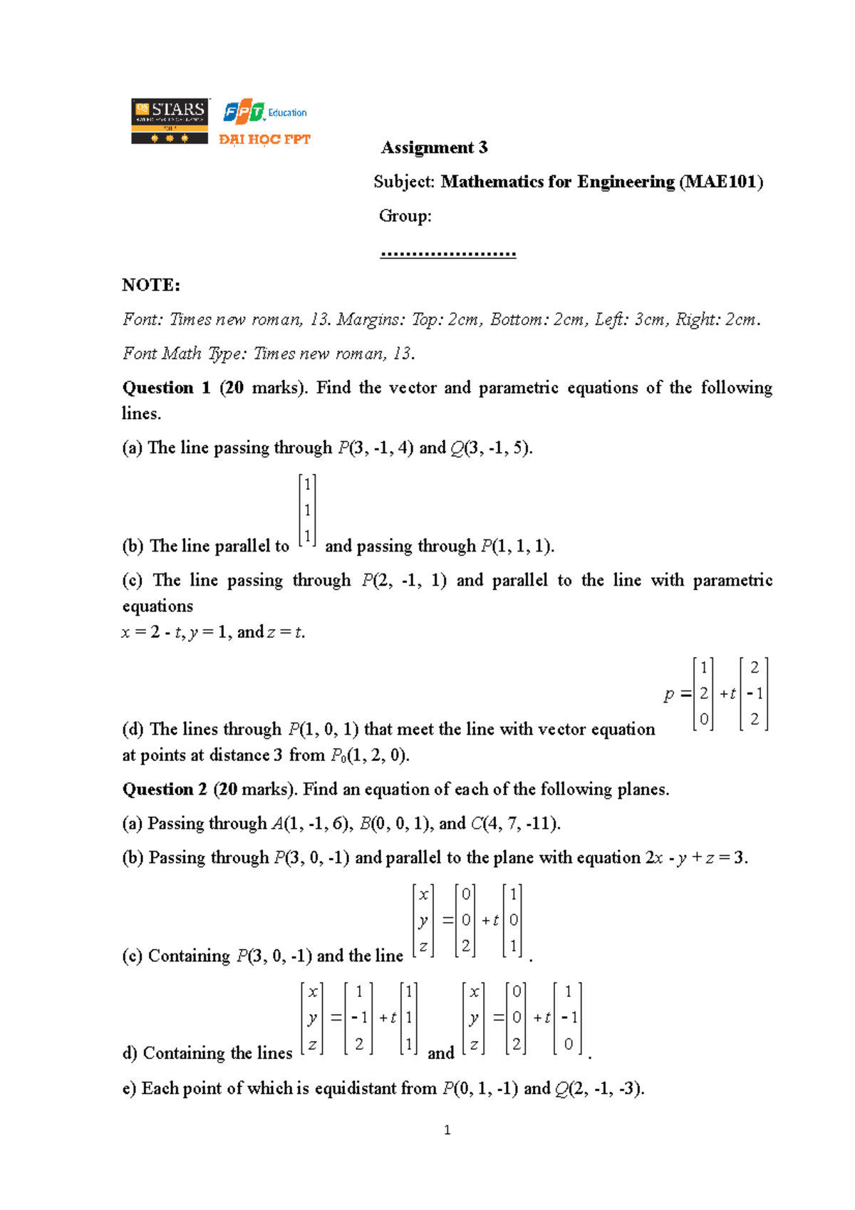 Assignment 3 MAE101 - Assignment 3 Subject: Mathematics for Engineering ...