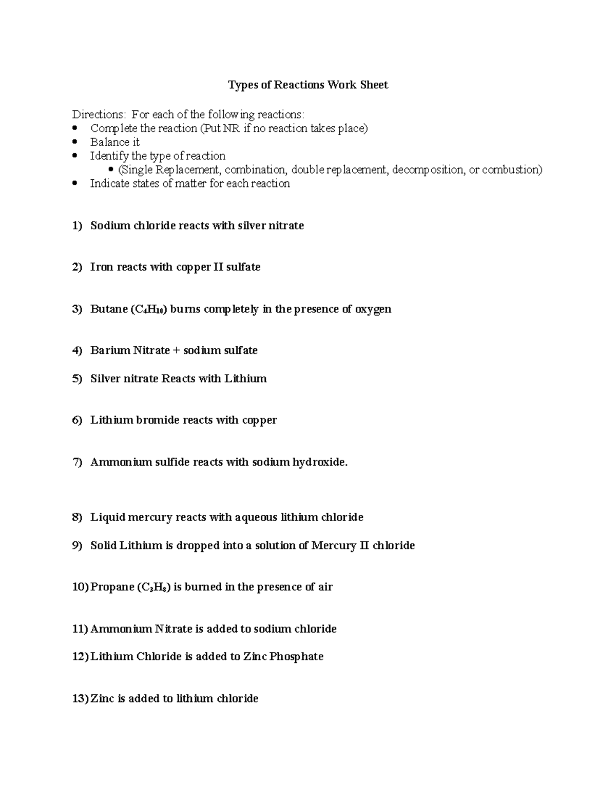 Types of Reactions Work Sheet with answers - Types of Reactions Work ...