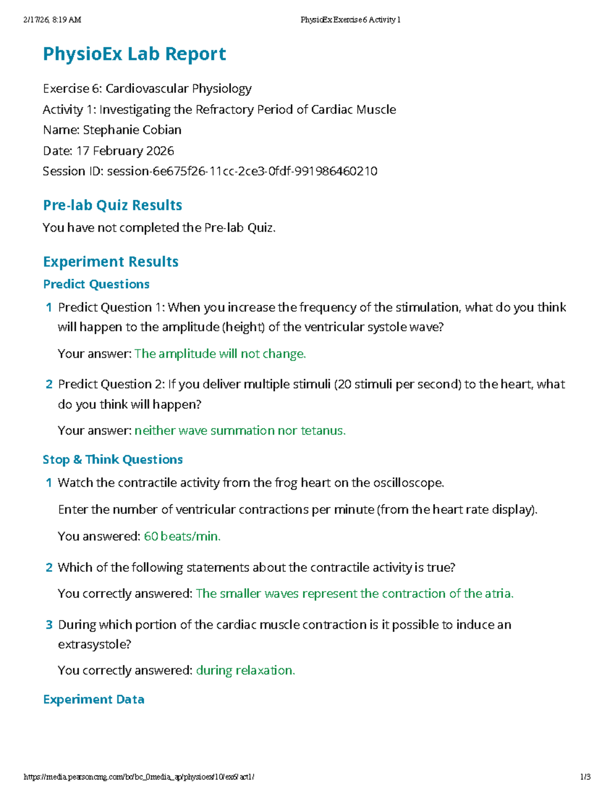 PhysioEx 6: Cardiovascular Physiology Activity 1 Lab Report - Studocu