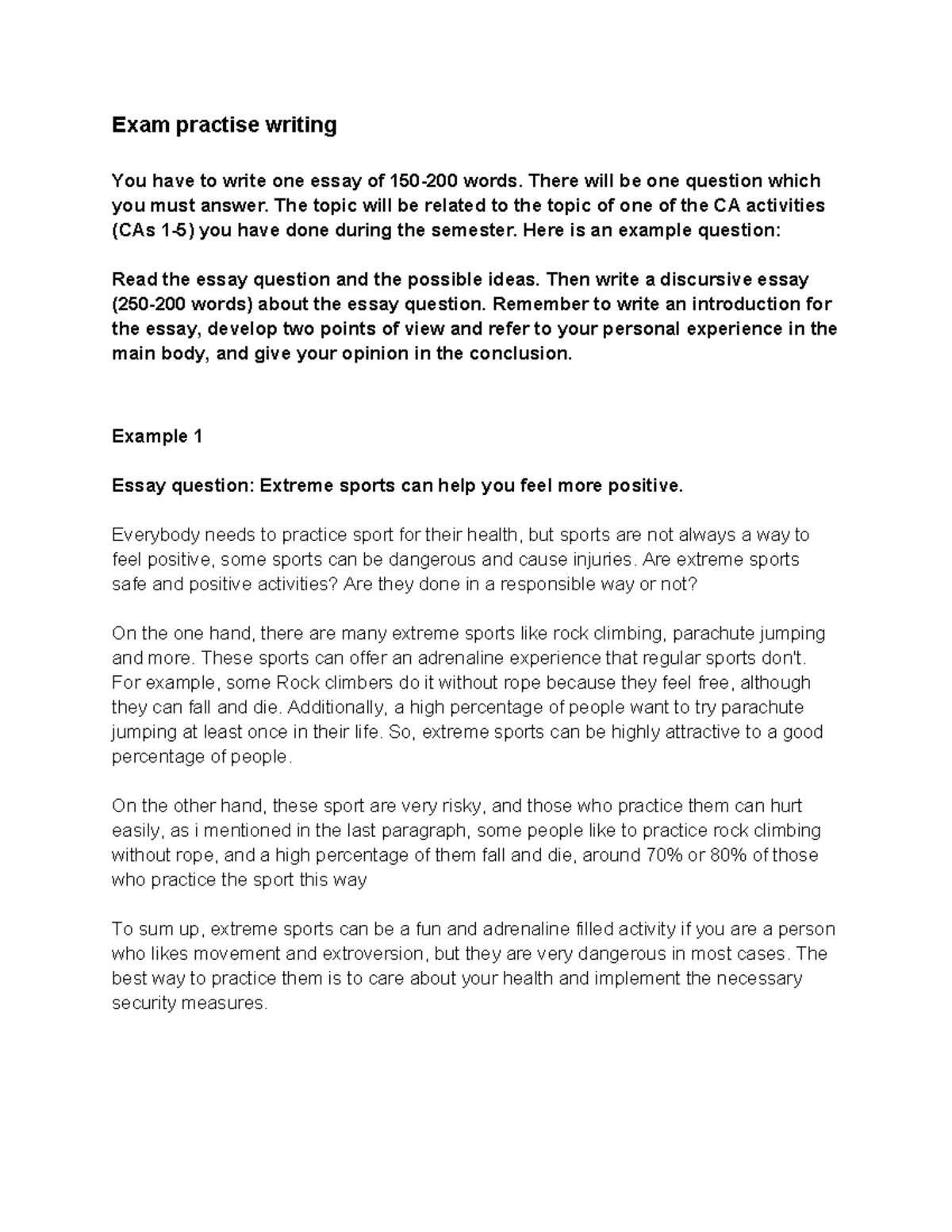 CA Exam Practice: Essay Writing Guide for Extreme Sports Topic - Studocu