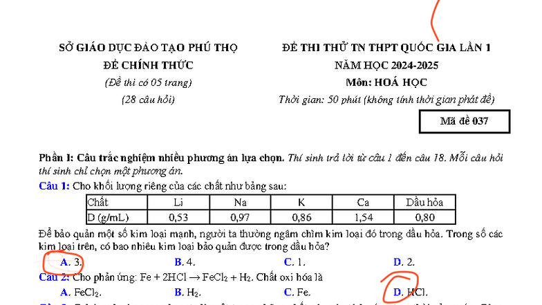 Đề thi thử TN THPT 2025 Môn Hóa Học - Sở GDĐT Phú Thọ (Lần 1) - Studocu