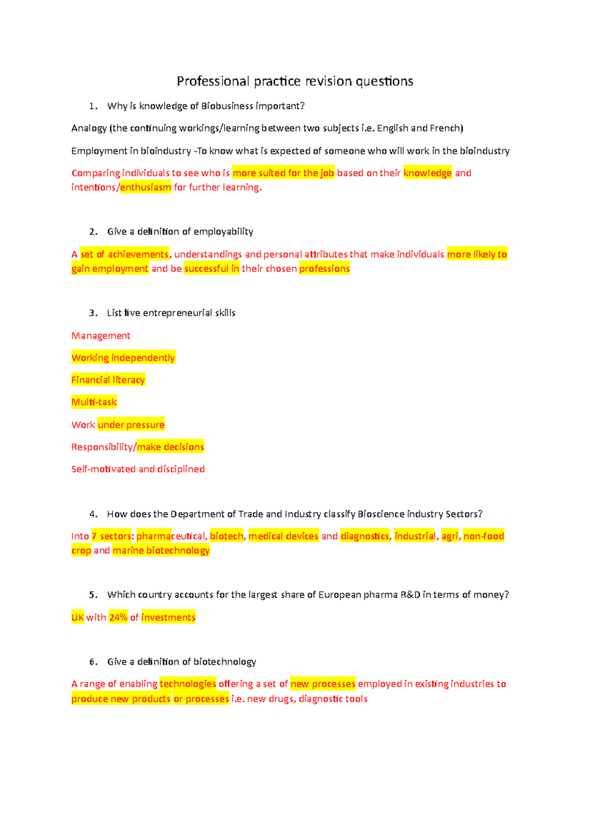 Professional Practice Revision Q&A for Biobusiness (Course Code: BP101 ...