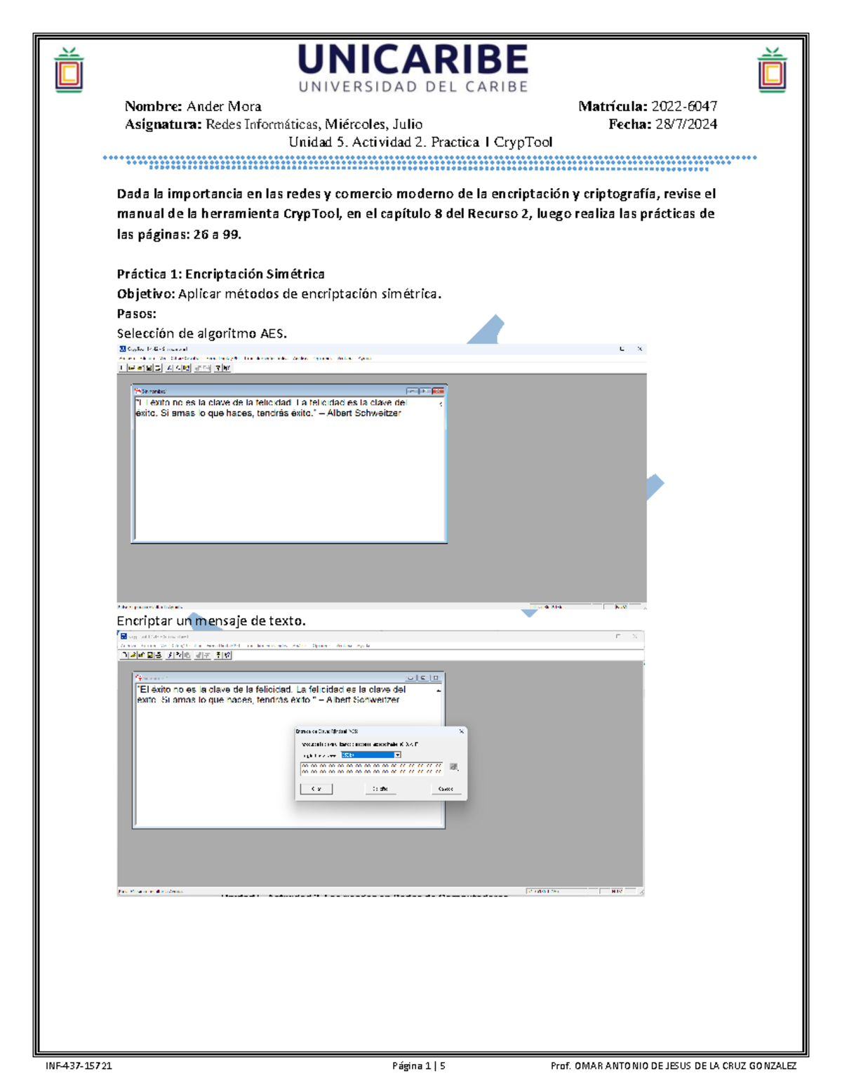 Redes Informáticas - Unidad 5: Actividad 2, Práctica 1 - CrypTool - Studocu