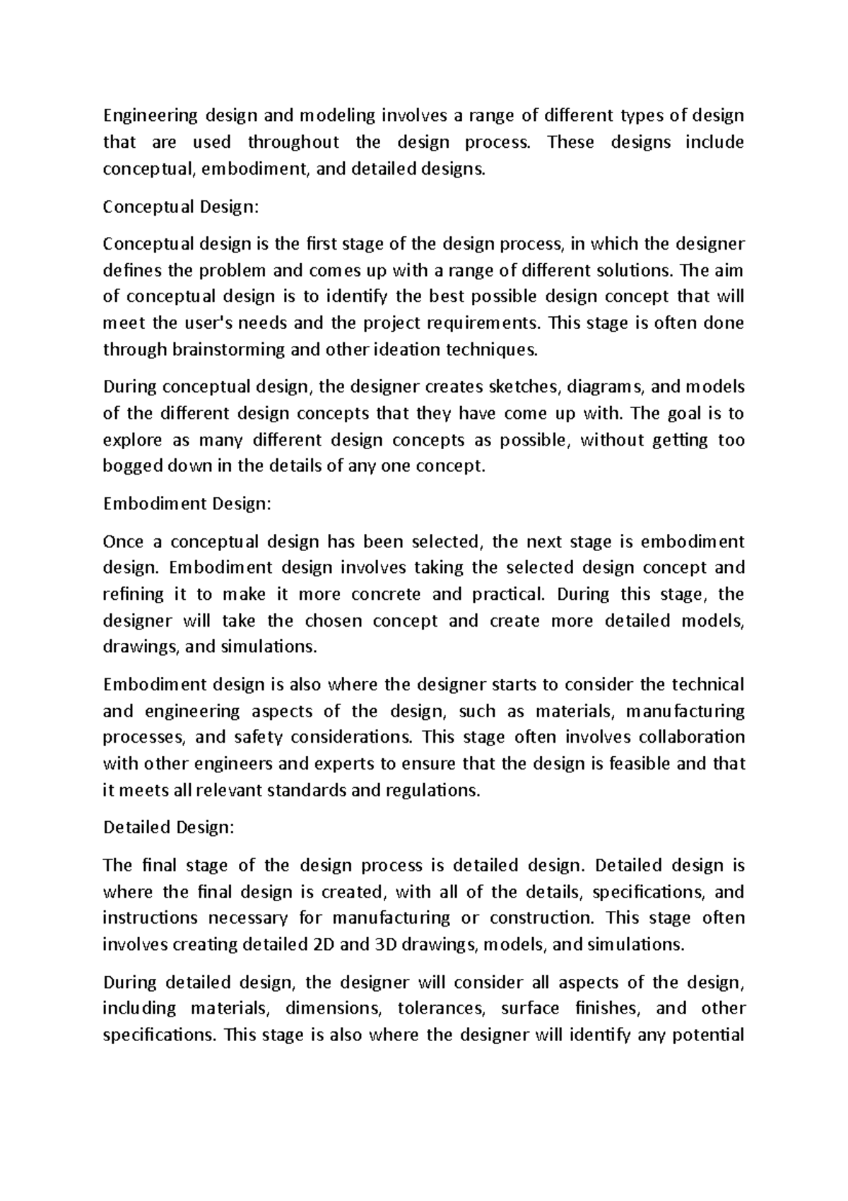 ENGR 101: Conceptual, Embodiment, and Detailed Design Process - Studocu