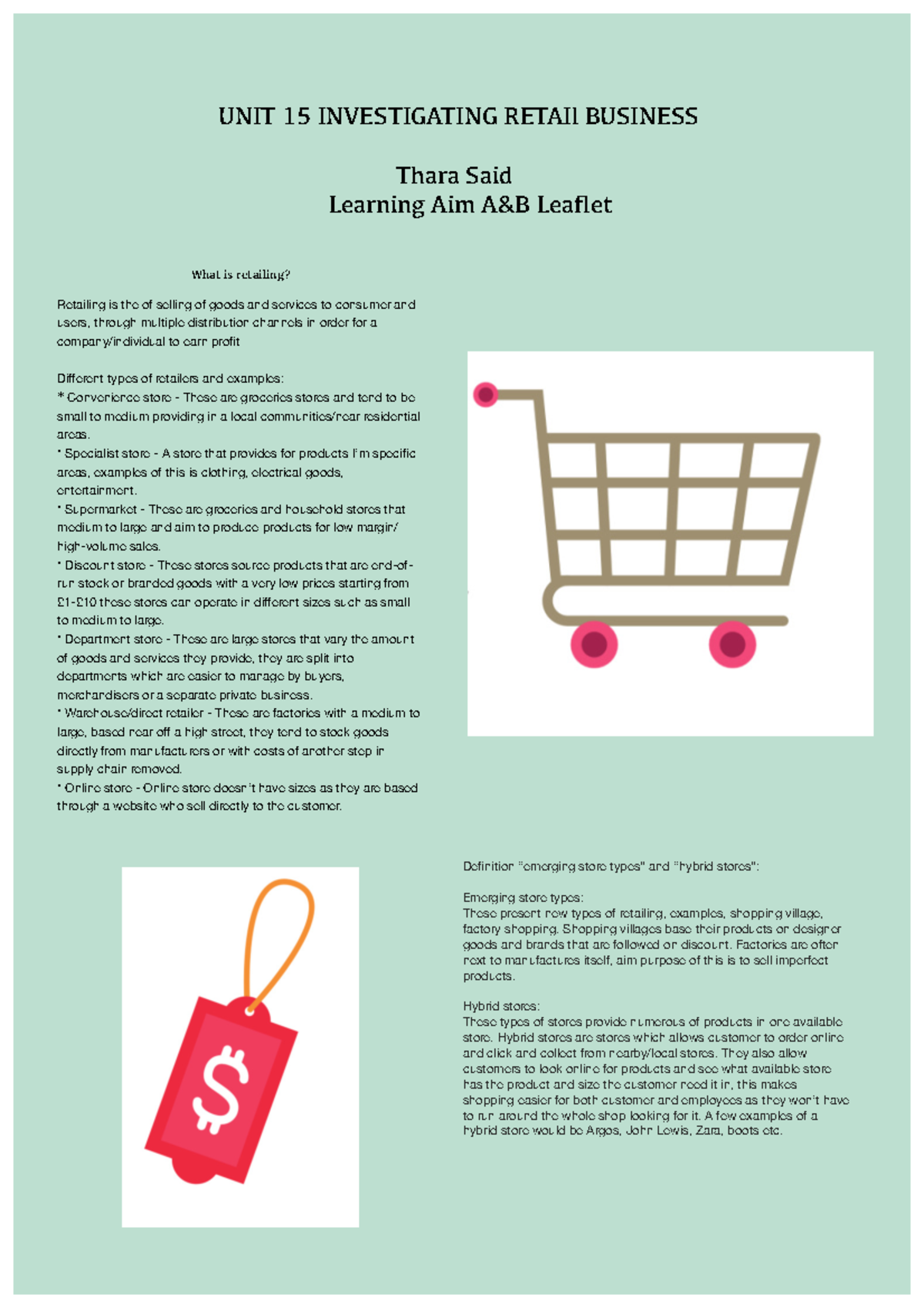Unit 15: Investigating Retail Business - Thara's Learning Leaflet - Studocu