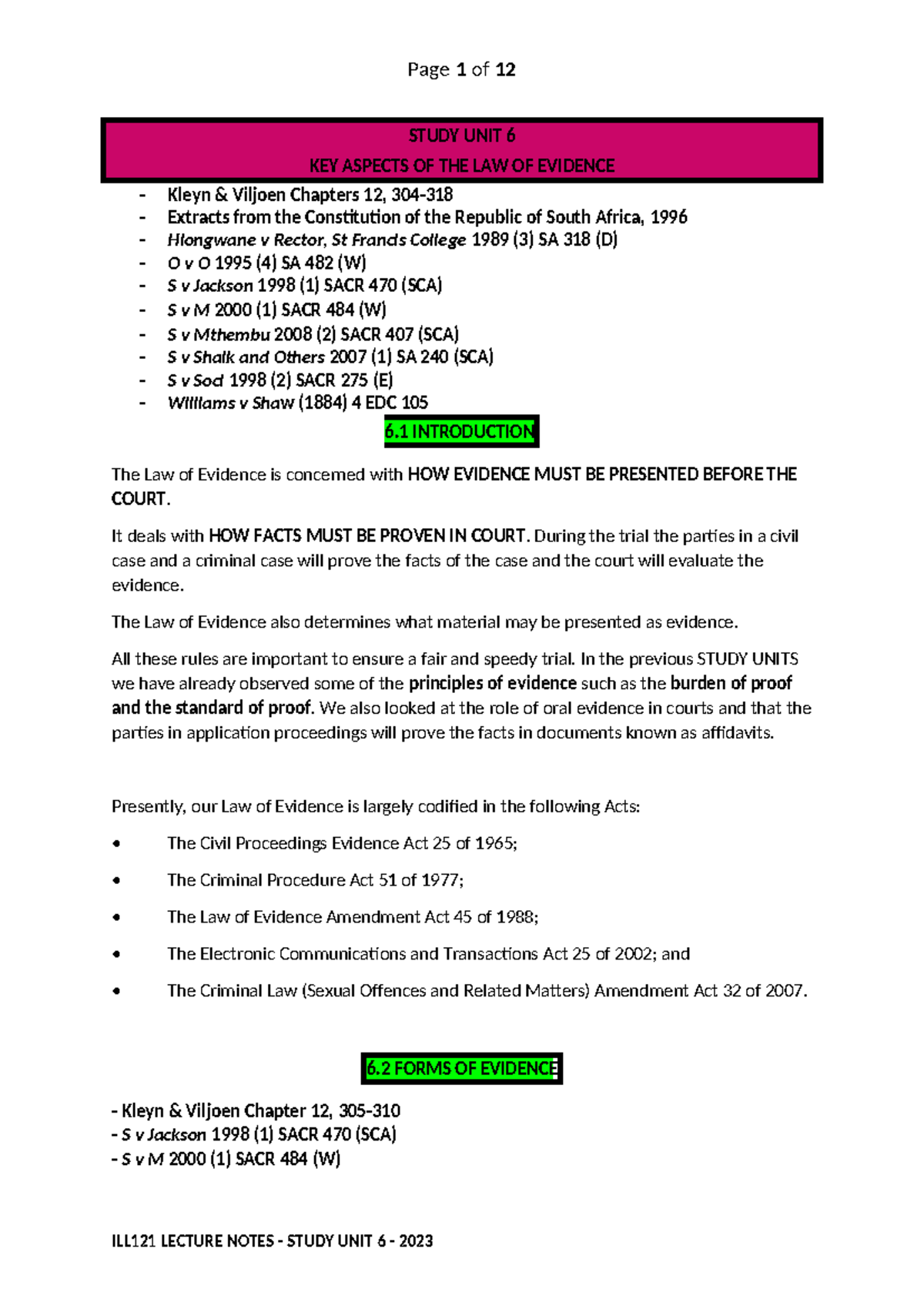 ILL121 Lecture Notes - Key Aspects of Law of Evidence (Study Unit 6 ...