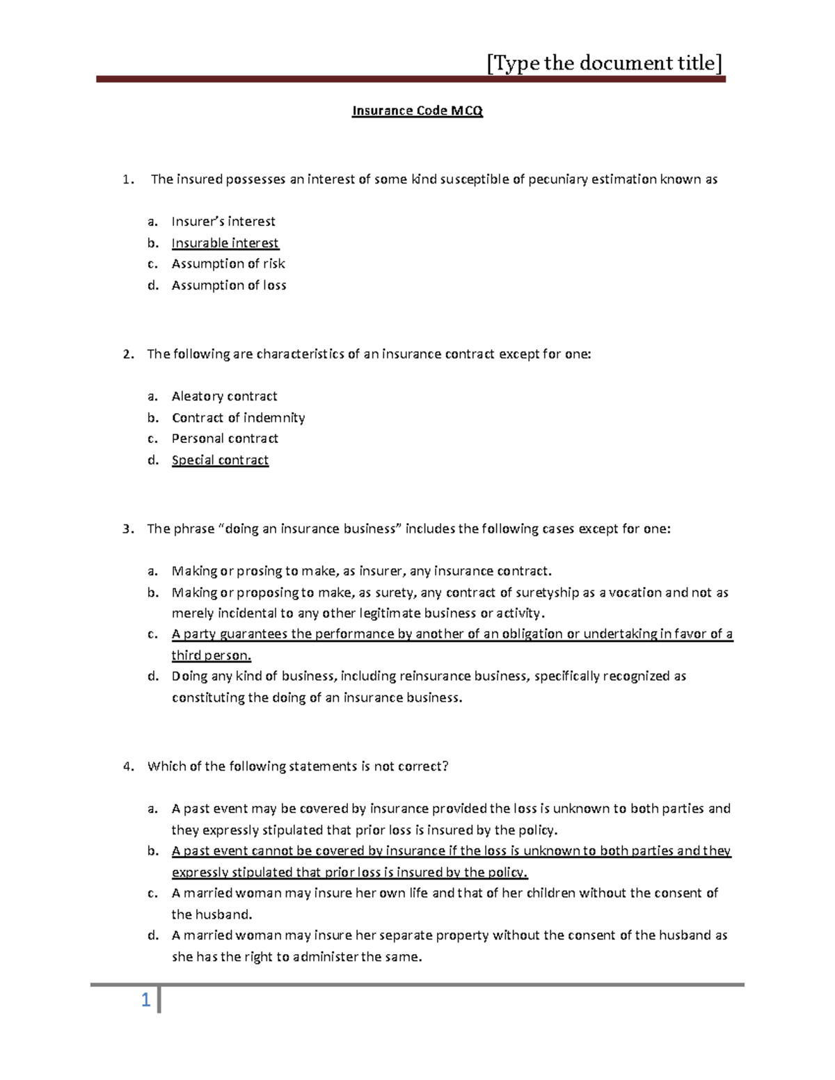 Insurance Code MCQ Study Guide with Answers for Course Code MCQ101 - Studocu