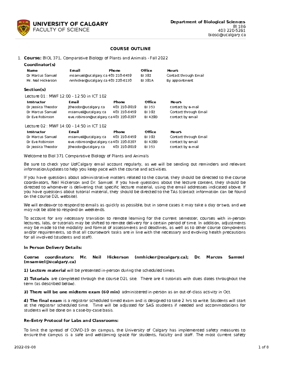 Biol 371 Fall 2022 Course Outline Comparative Biology Overview Studocu