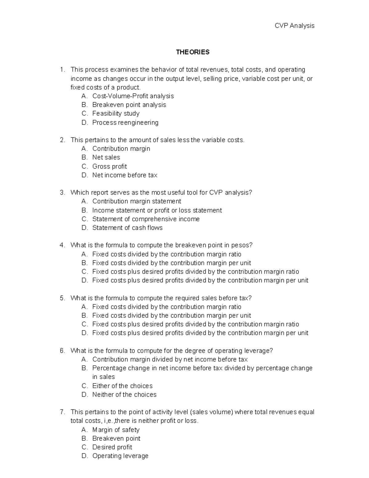 STRATEGIC COST MANAGEMENT - CVP ANALYSIS (THEORIES) - Studocu