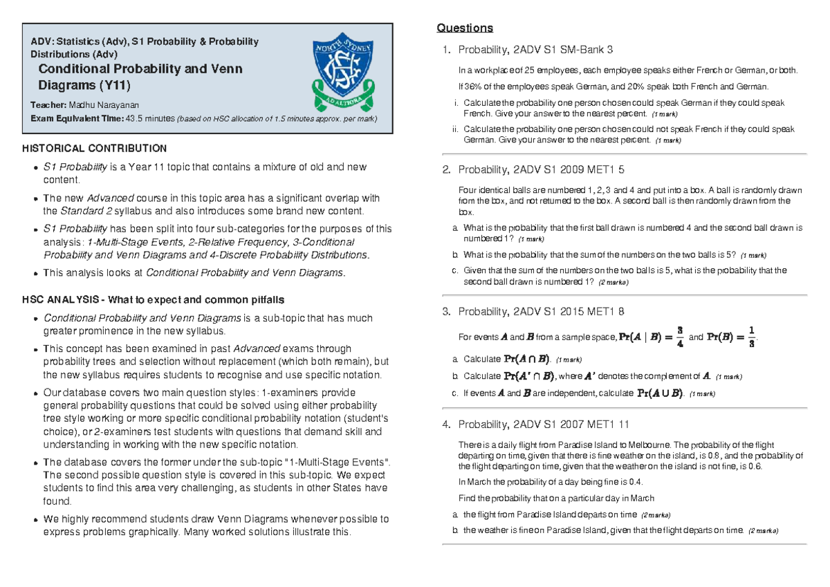11 Conditional probability - ADV: Statistics (Adv), S1 Probability ...