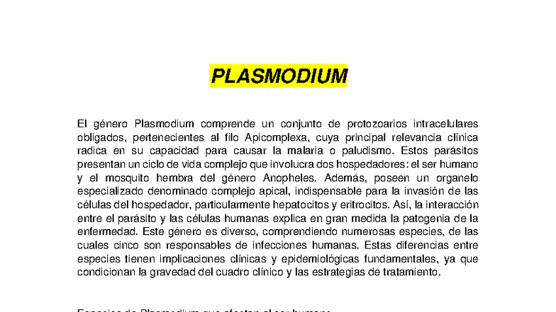 Estudio sobre el género Plasmodium y su impacto en la malaria - Studocu