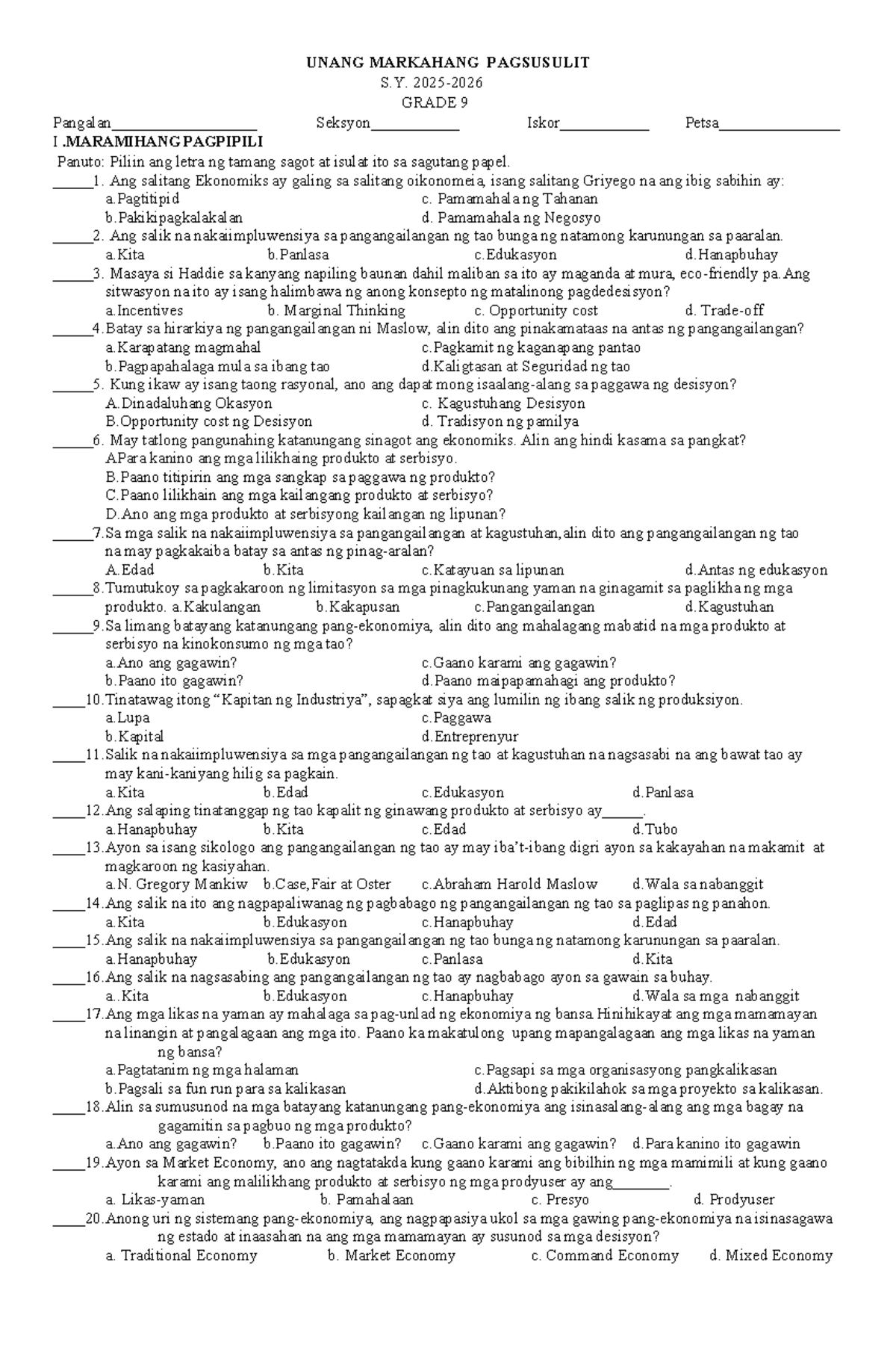 Ist Periodical Test AP 1st: Ekonomiks Grade 9 Multiple Choice - Studocu
