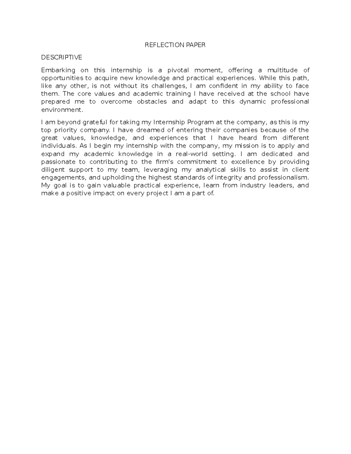 Reflection Paper on Internship Experience - Studocu
