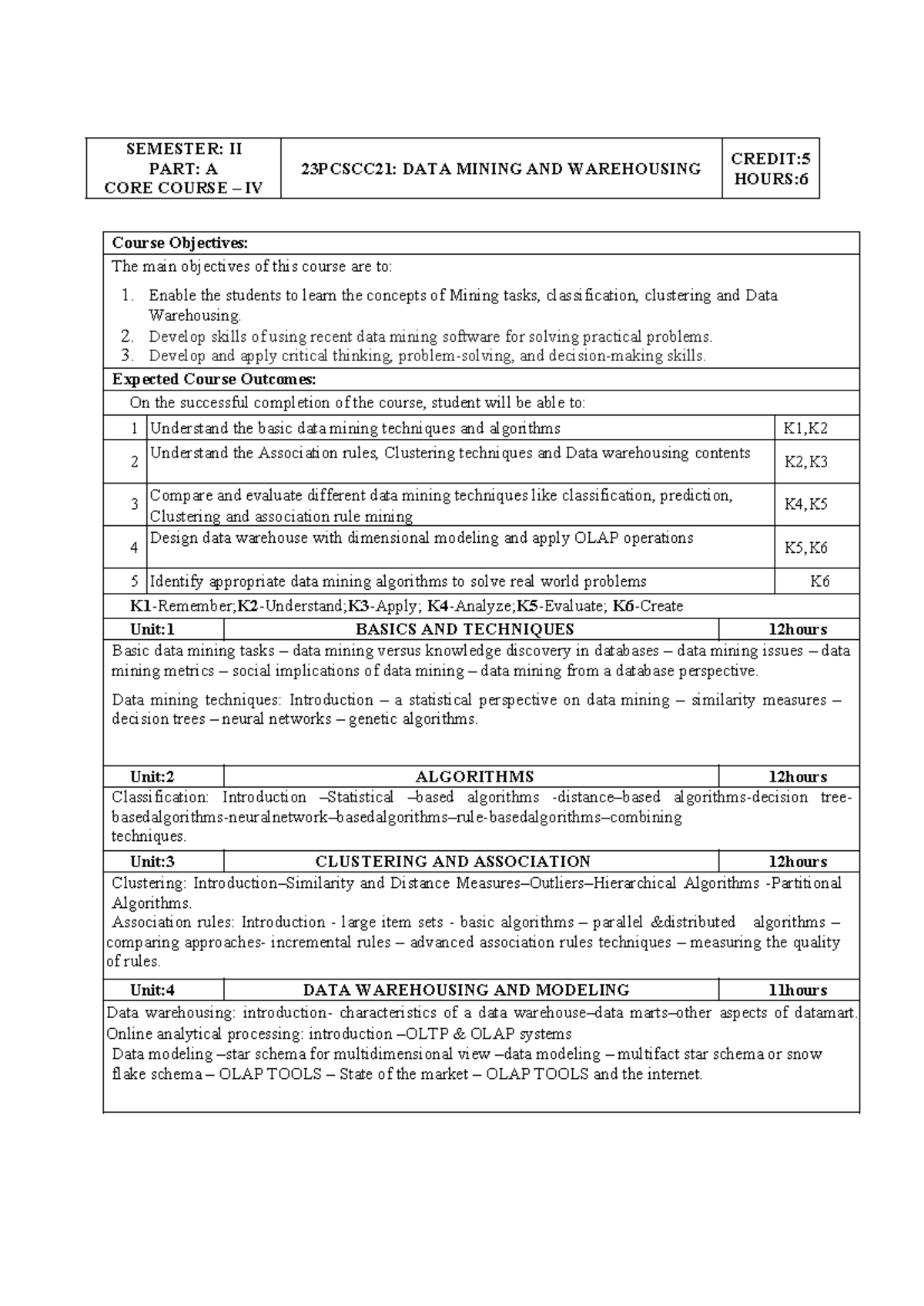 DATA MINING AND WAREHOUSING: 23PCSCC21 Course Overview - Studocu