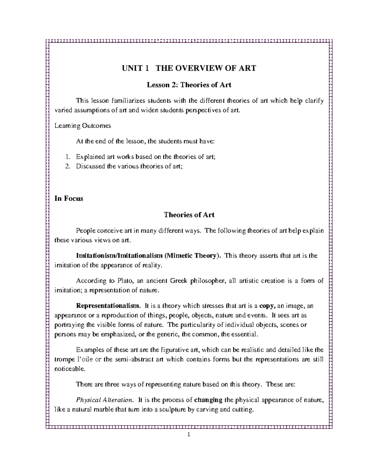 Unit-1 Theories-of-Arts - 1 UNIT 1 THE OVERVIEW OF ART Lesson 2 ...