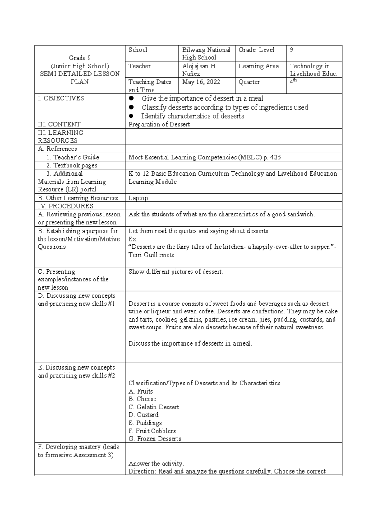 TLE 9: Semi-Detailed Lesson Plan on Dessert Preparation - Studocu