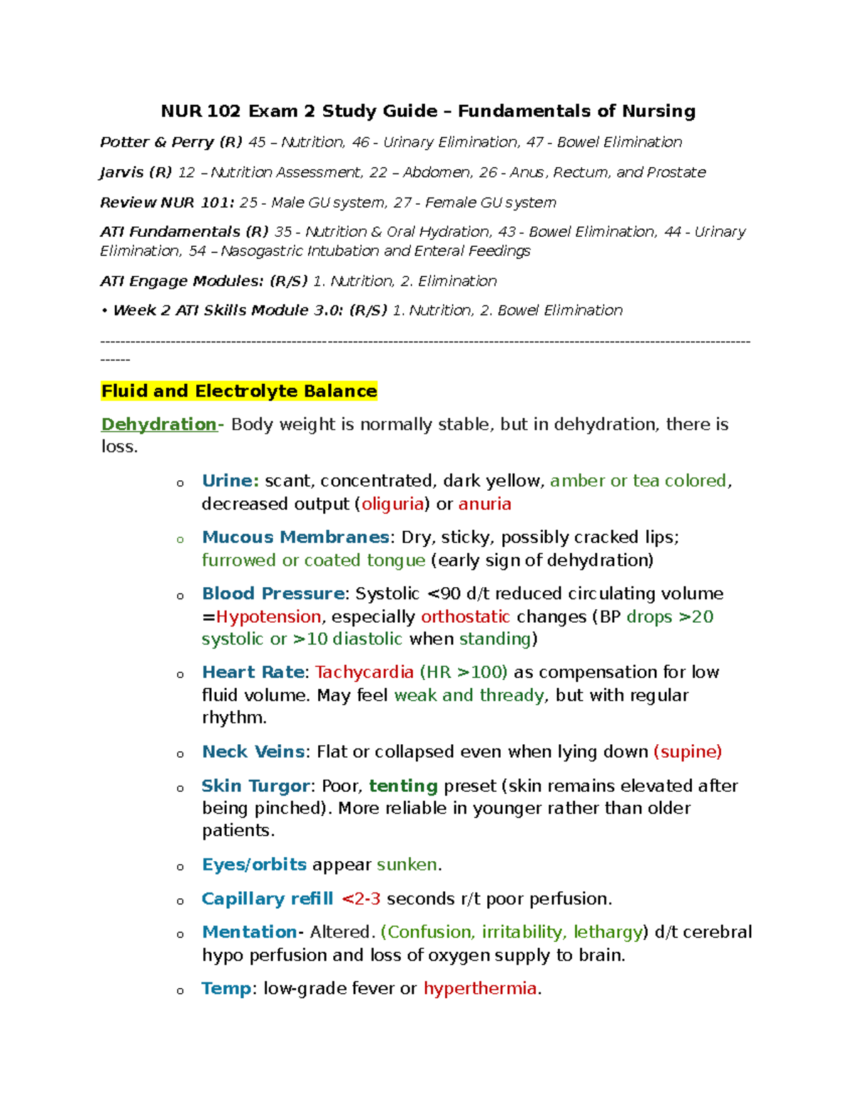NUR 102 Exam 2 Study Guide: Nutrition & Elimination Fundamentals - Studocu