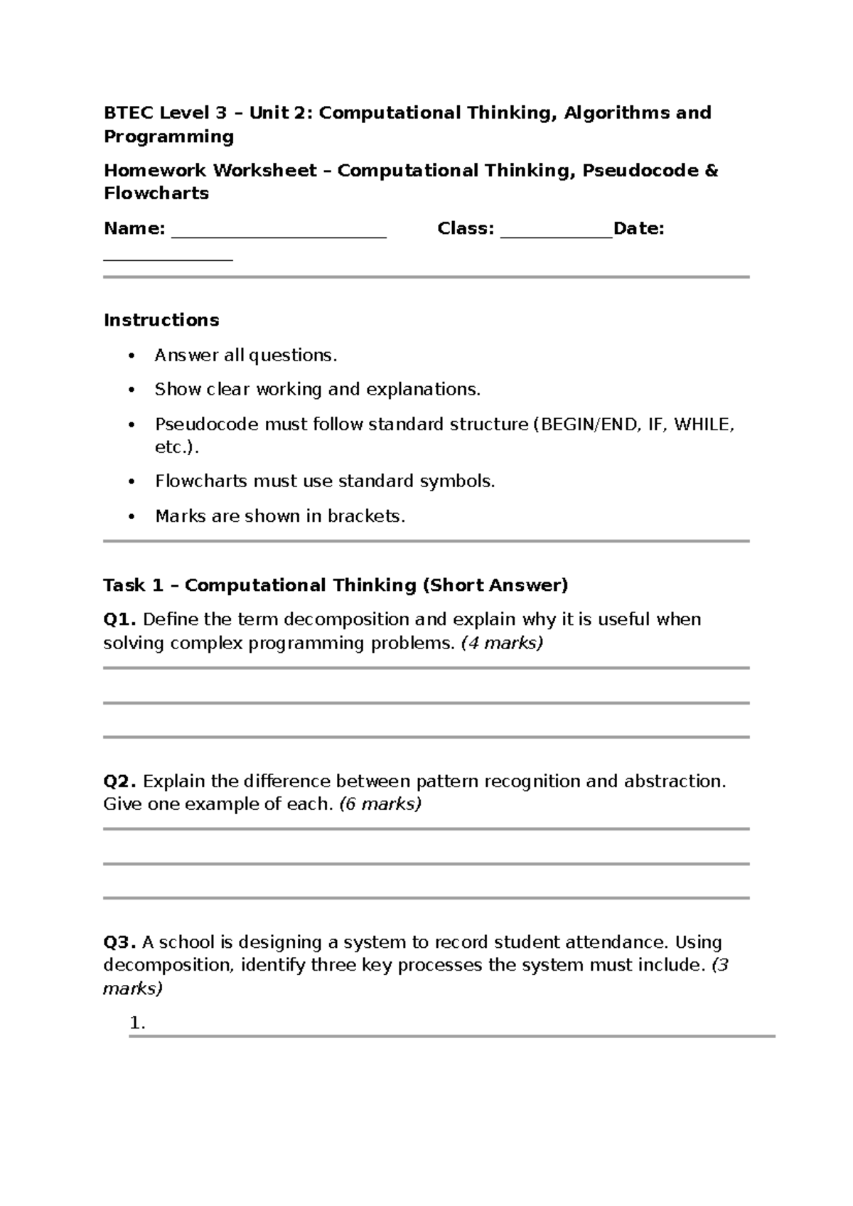 BTEC Level 3 Unit 2: Computational Thinking Homework Worksheet - Studocu