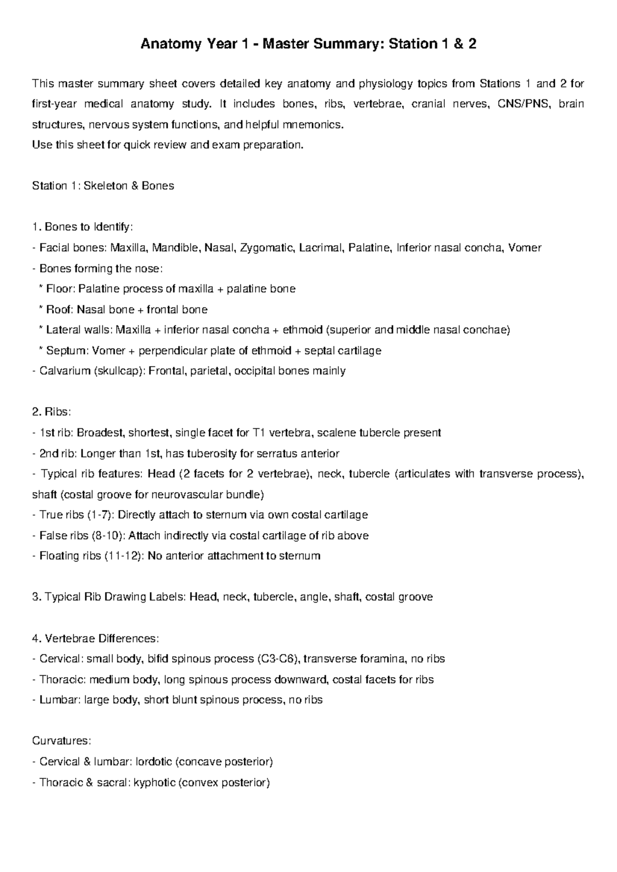 Anatomy Year 1 Master Summary: Stations 1 & 2 Review Guide - Studocu