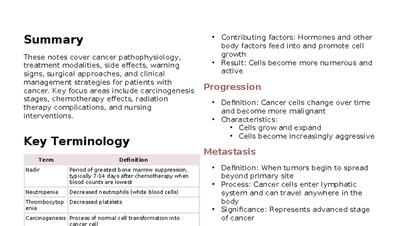 Cancer Pathophysiology & Treatment Overview (NUR 101) - Studocu