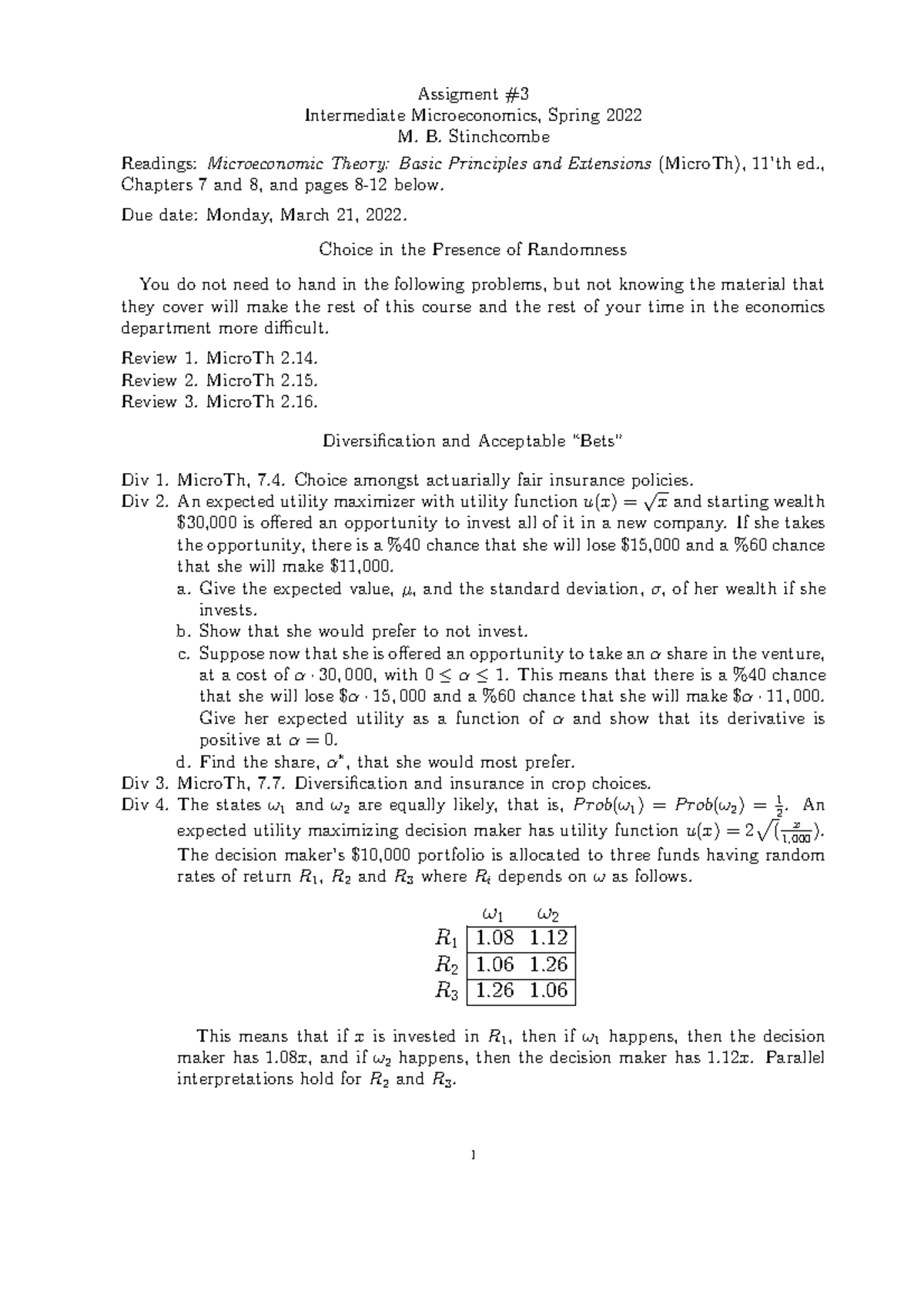 Assignment 03: Intermediate Microeconomics (Spring 2022) - Stinchcombe ...