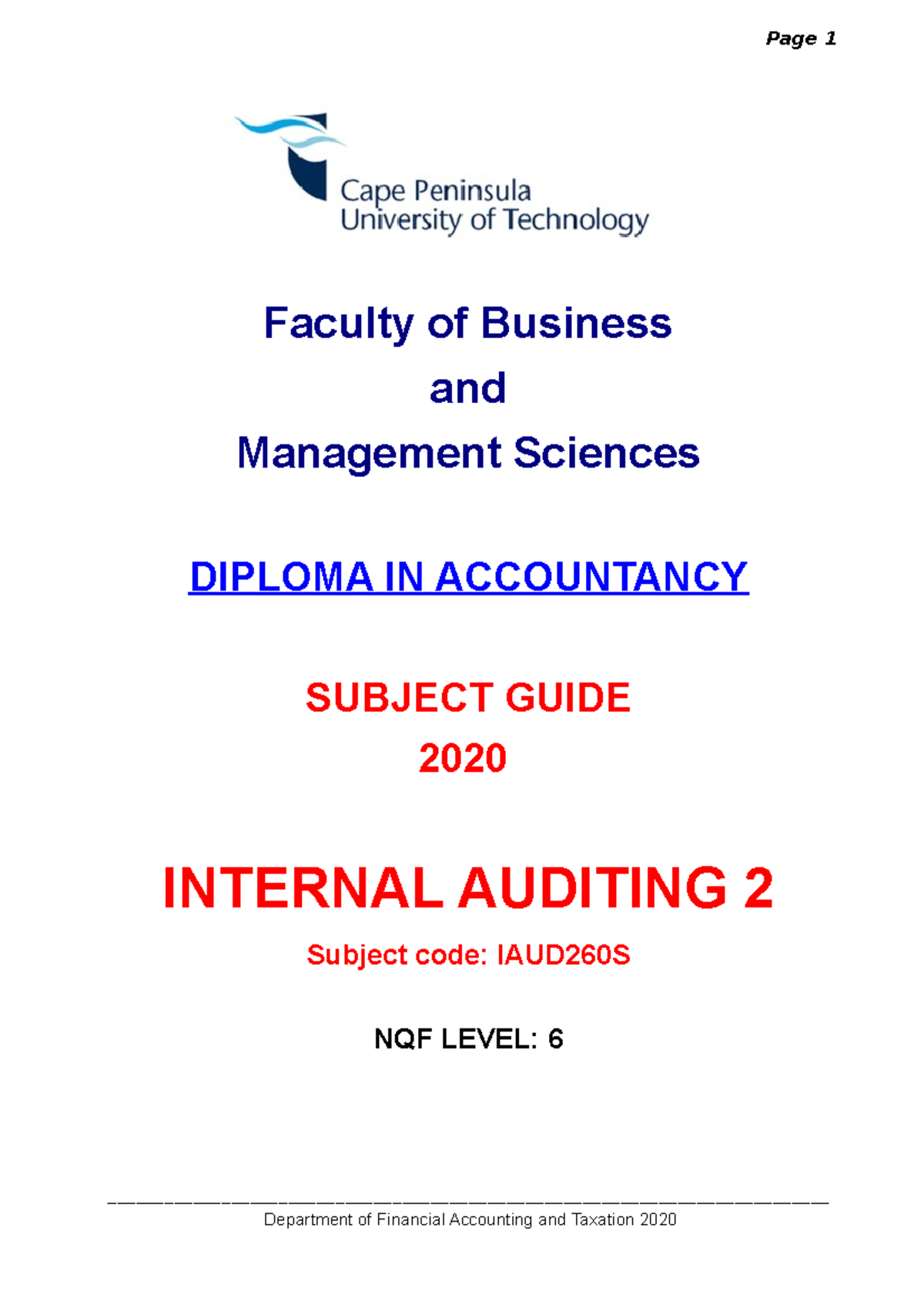 Internal Auditing 2 Subject Guide 2020 - Faculty of Business and ...