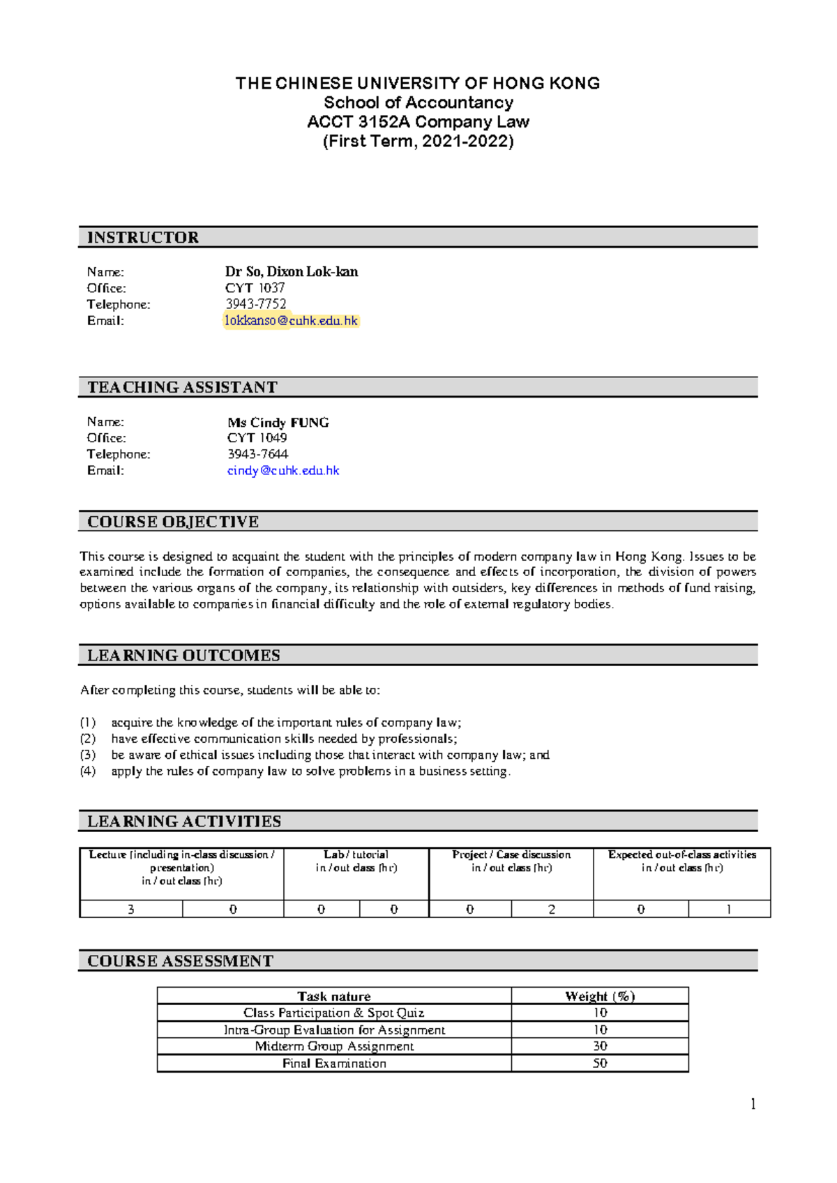 ACCT 3152A Company Law Course Outline - First Term 2021-2022 - Studocu