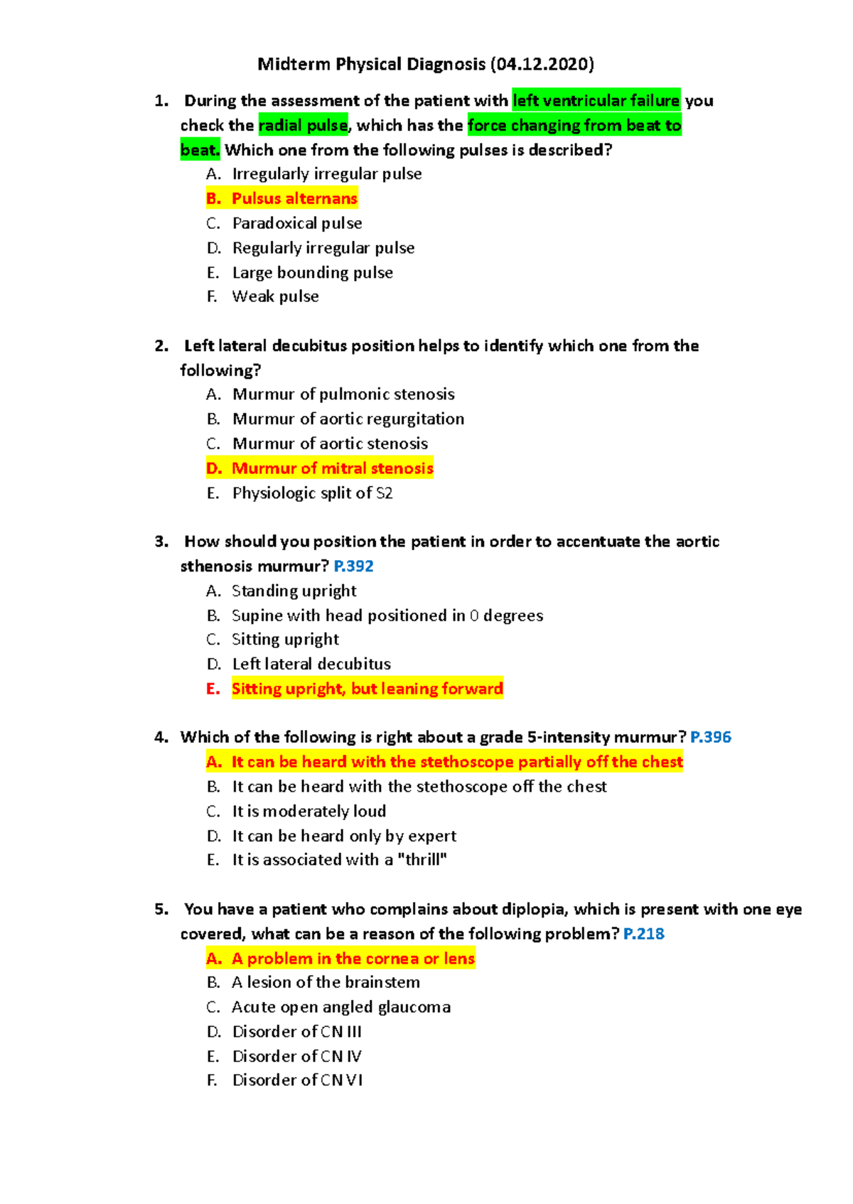 Midterm Final Exam: Physical Diagnosis Comprehensive Review (PD101 ...