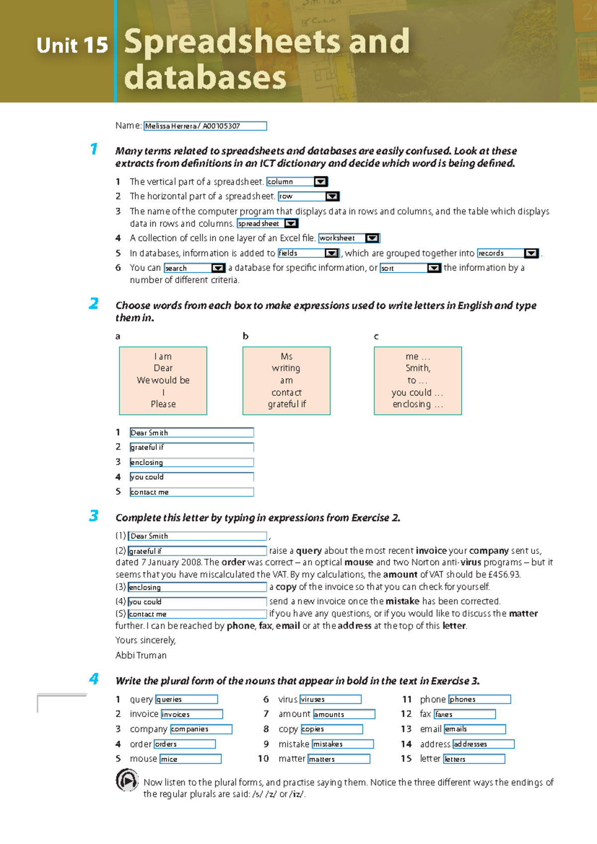 Unit 15 Workbook: Spreadsheets & Databases by Melissa Herrera - Studocu