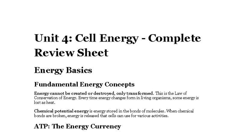 Unit 4: Cell Energy - Photosynthesis and Cellular Respiration Review - Unit 4: Cell Energy ...