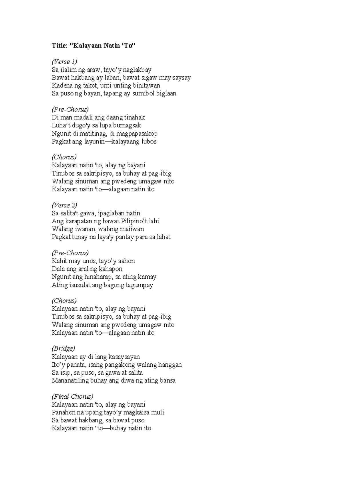 Kalayaan (Lyrics) - Natin (Verse 1) to Final Chorus - Studocu