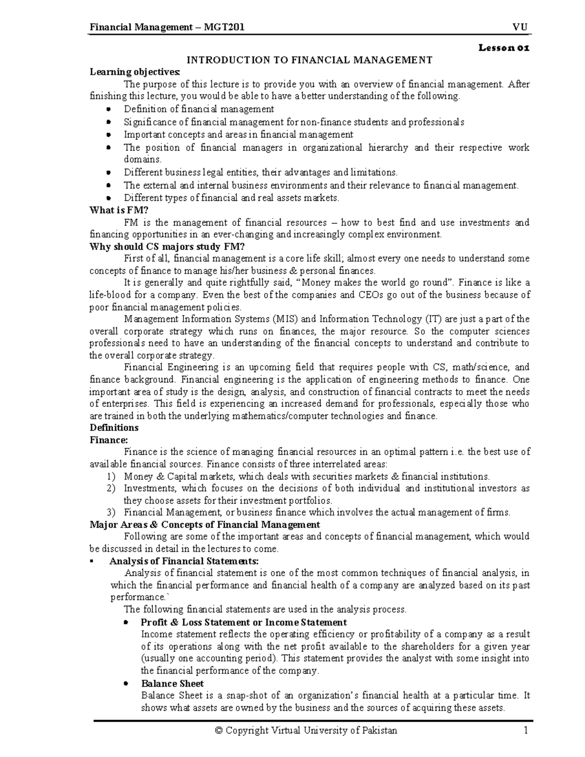 MGT201 Financial Management: Lecture Notes & Key Concepts Overview ...