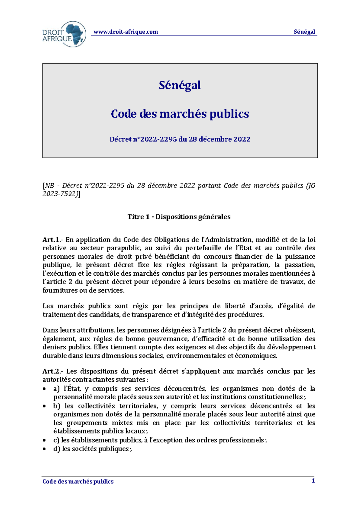 Code des marchés publics du Sénégal - Décret 2022-2295 - Studocu