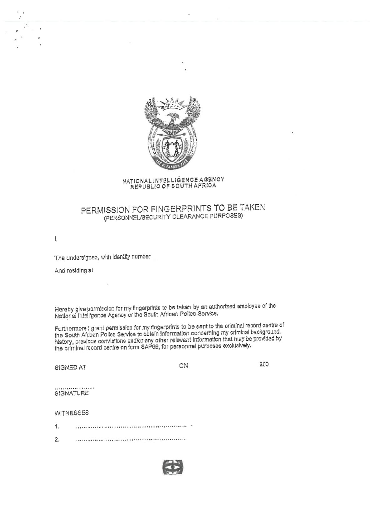 Permission for Fingerprints: NIA Clearance Form (SAPS 91) - Studocu