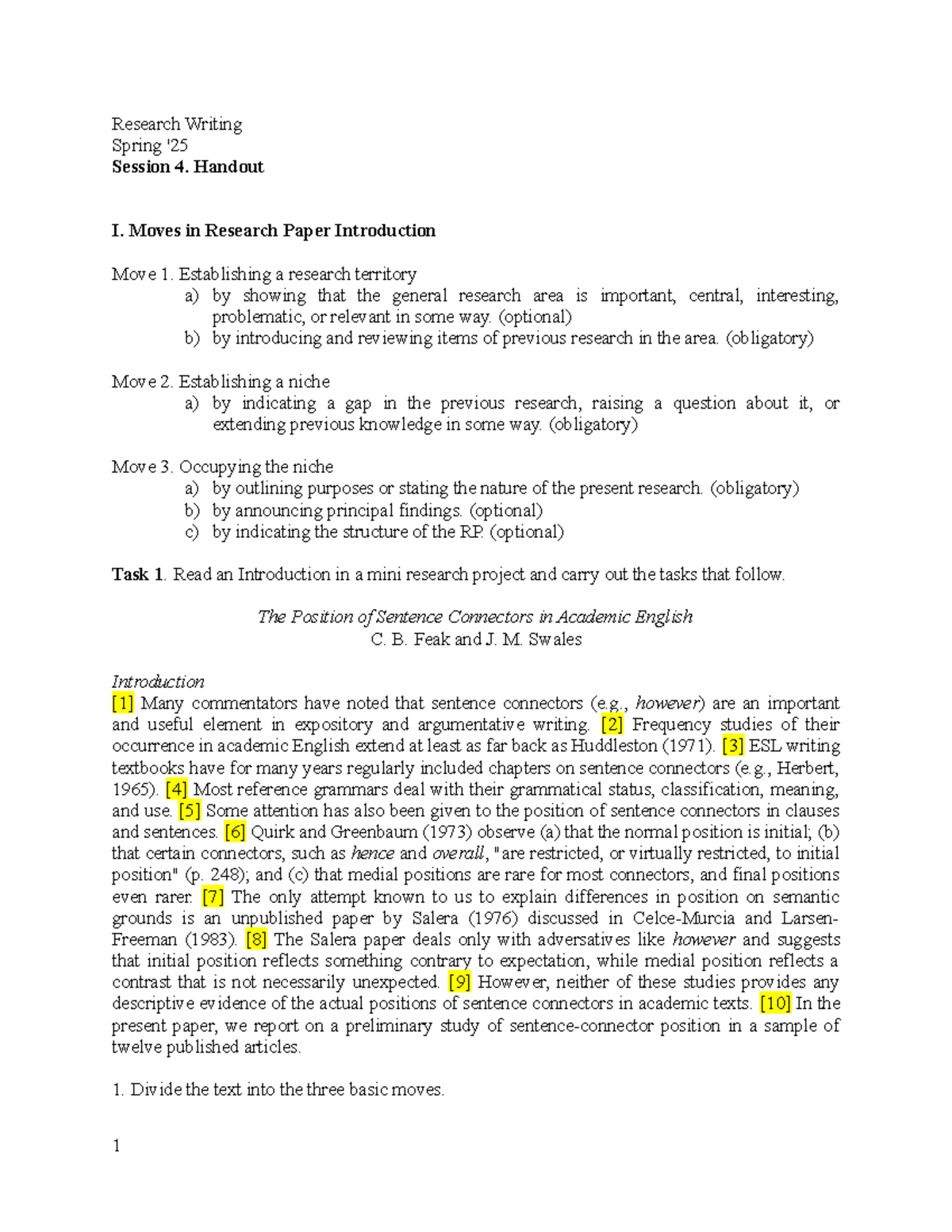 RW Session 4 Handout BB: Moves in Research Paper Introductions - Studocu