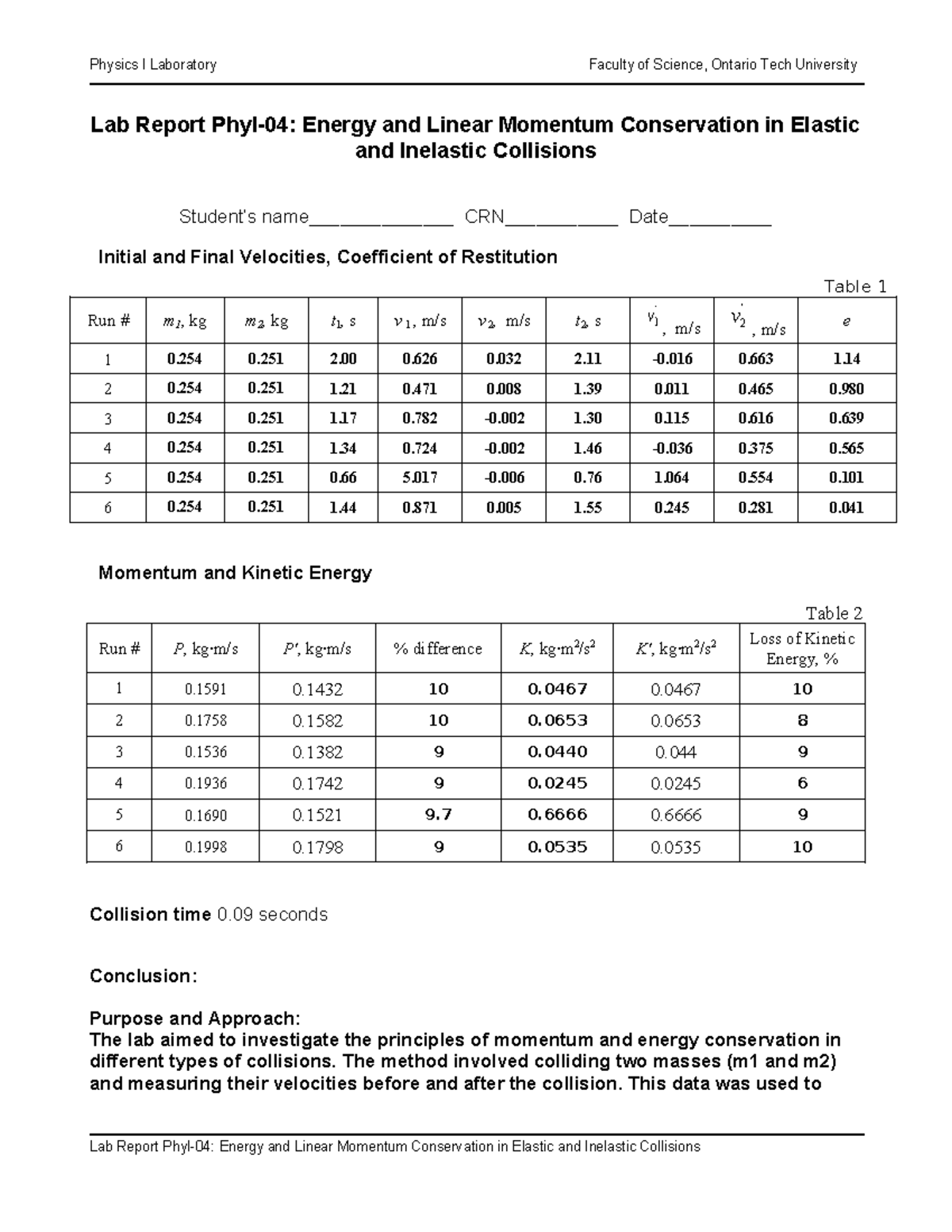 Lab Report PhyI-04: Elastic & Inelastic Collisions Energy Conservation ...