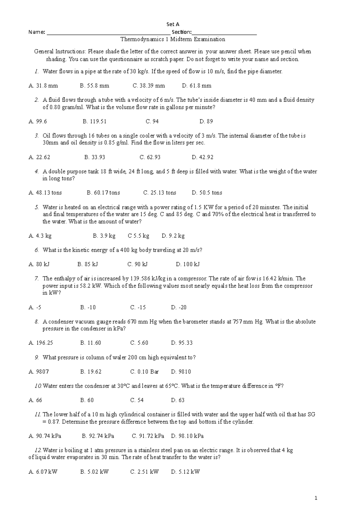 Thermo 1 Midterm Exam Questions Set A - Studocu