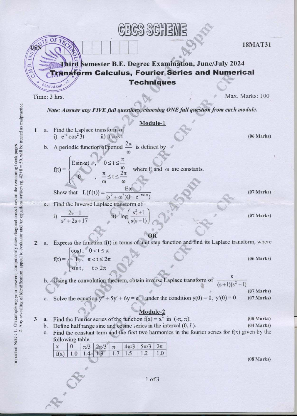 VTU Question Paper: 18MAT31 Transform Calculus, Fourier Series ...