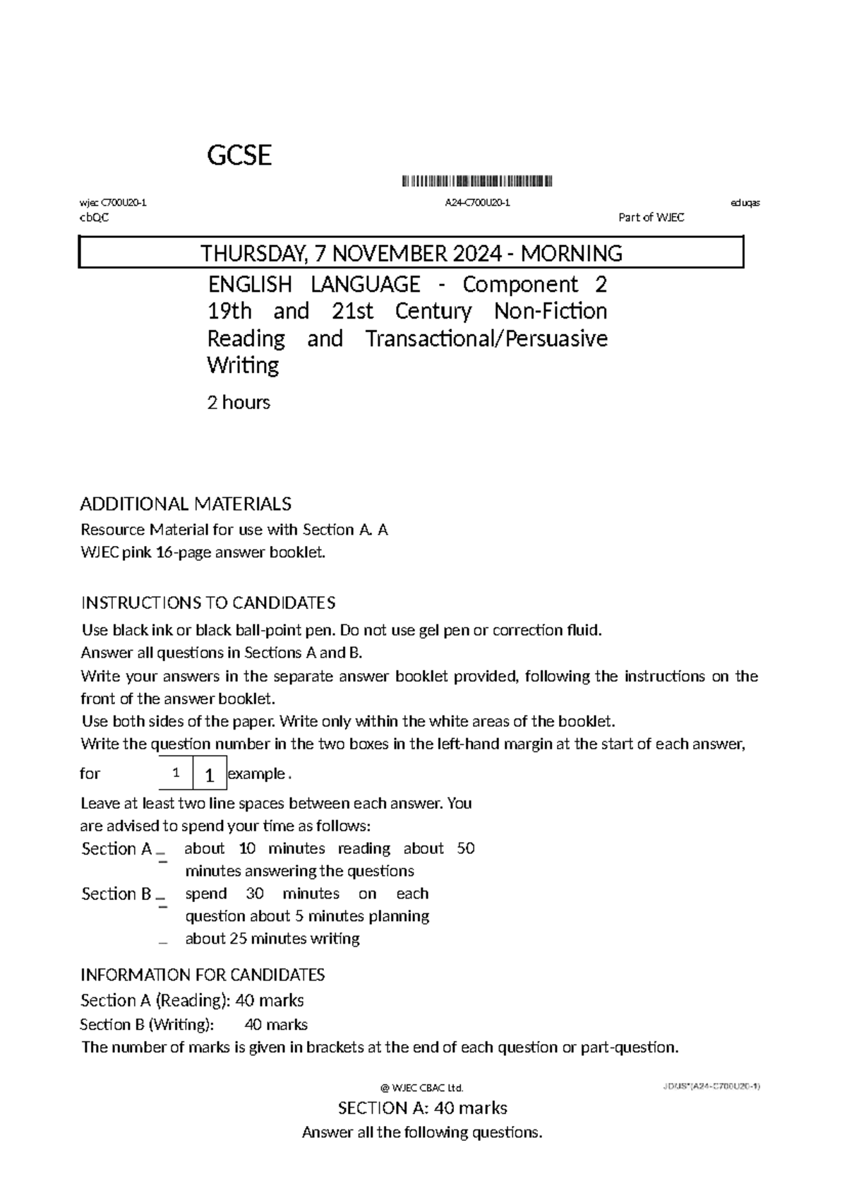 GCSE WJEC English Language Component 2 Exam Paper - Nov 2024 - Studocu
