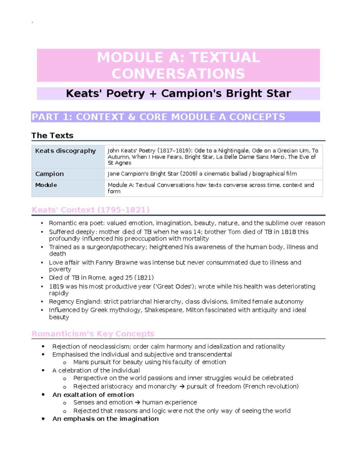 MODULE A: TEXTUAL CONVERSATIONS - Keats and Campion's Bright Star ...