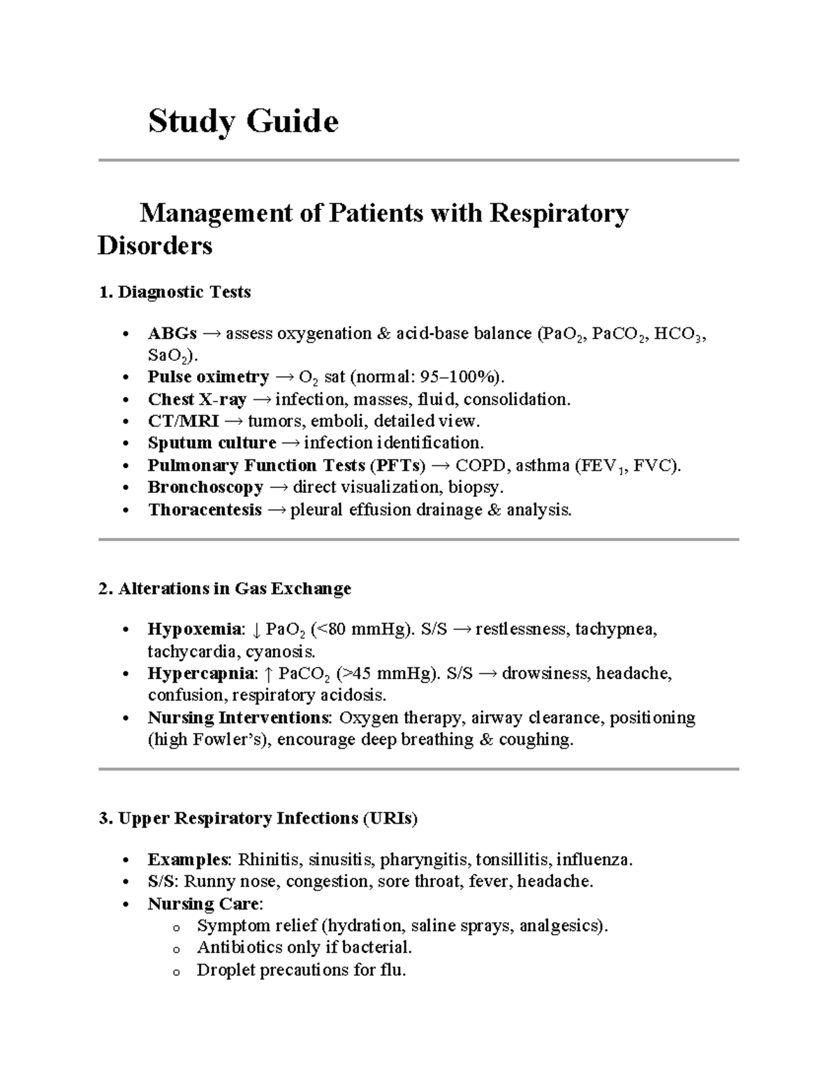 Study Guide - Respiratory Disorders & Diagnostic Tests (NURS 101) - Studocu